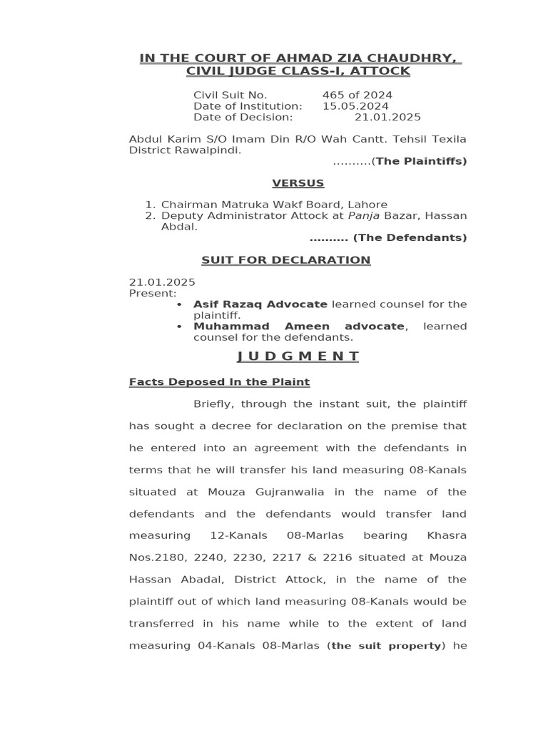 Abdul Karim. vs. Chairman Matrroka Wakf | PDF | Lawsuit | Justice