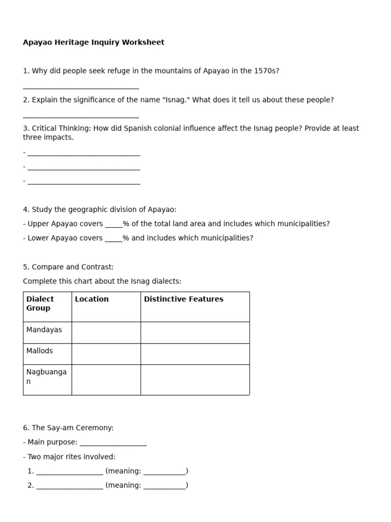 Apayao Heritage Inquiry Worksheet | PDF