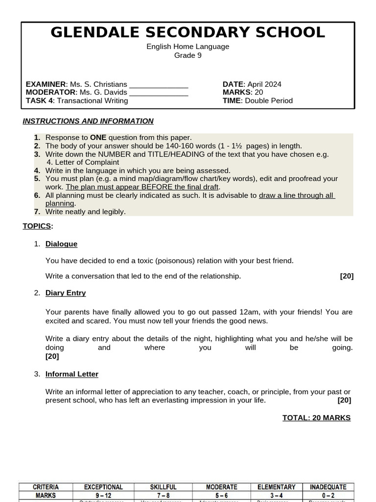 GRADE 9 Task 4 Transactional Writing 2024 | PDF