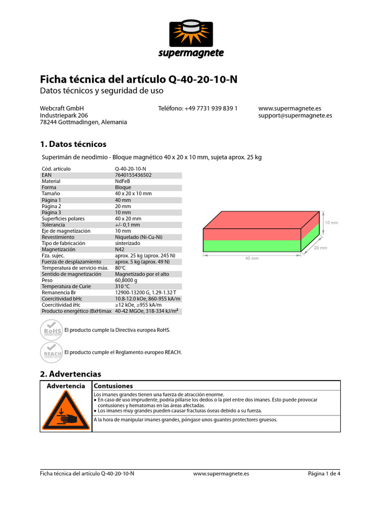 Ficha técnica Superimán Q-40-20-10-N | PDF | Imán | Materiales