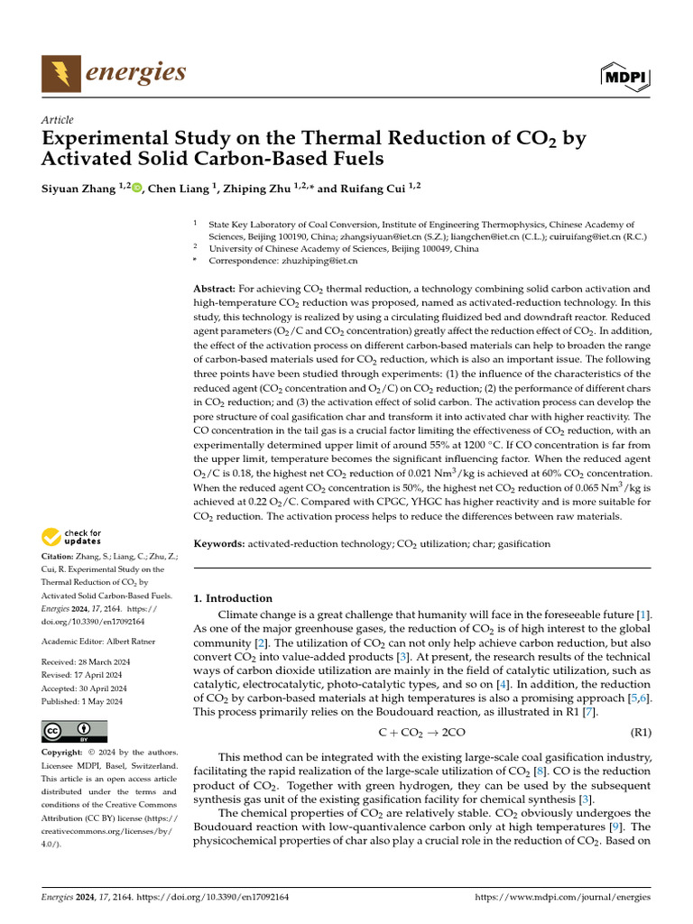 Experimental Study on the Thermal Reduction of CO2 by Activated Solid ...