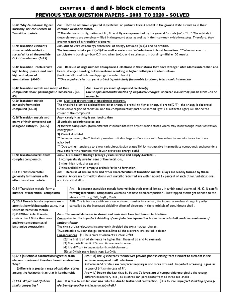 Cbse Q -CHAPTER 8- d and f- block elements - | PDF | Transition Metals | Electron Configuration