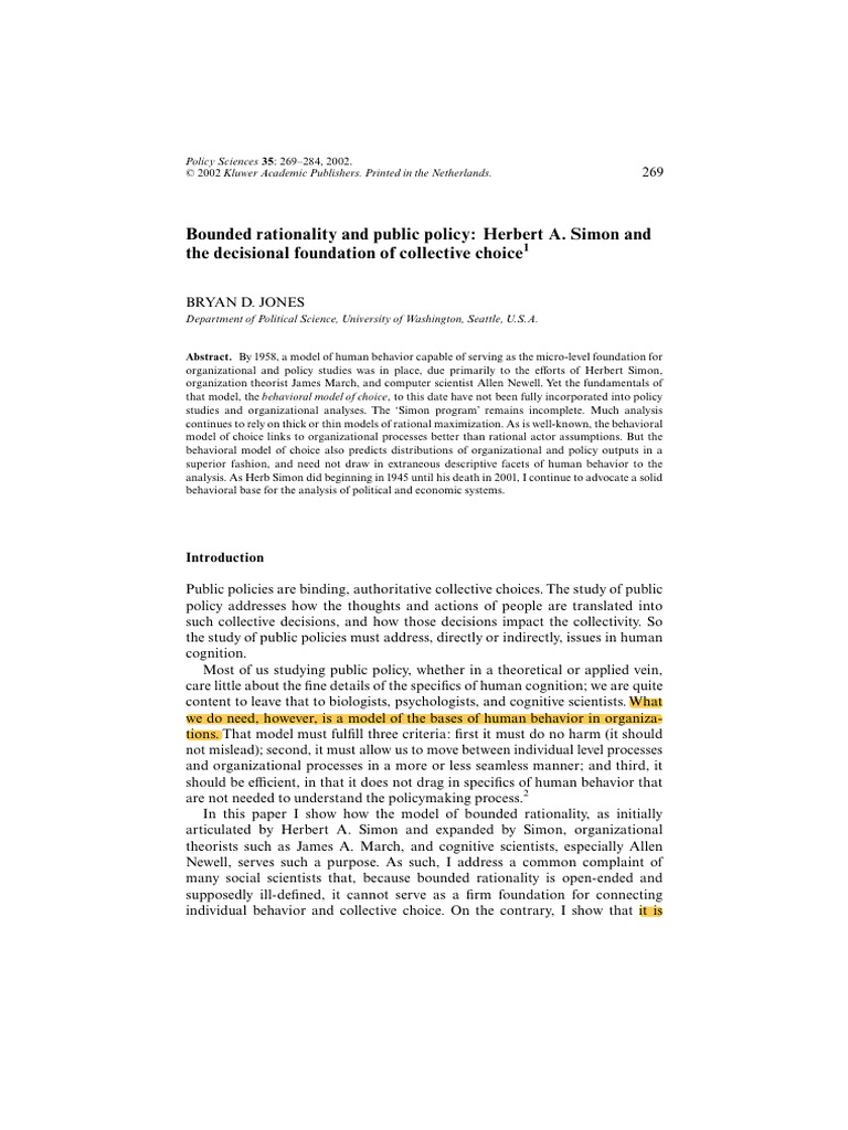Bounded Rationality and Public Policy: Herbert A. Simon and The ...