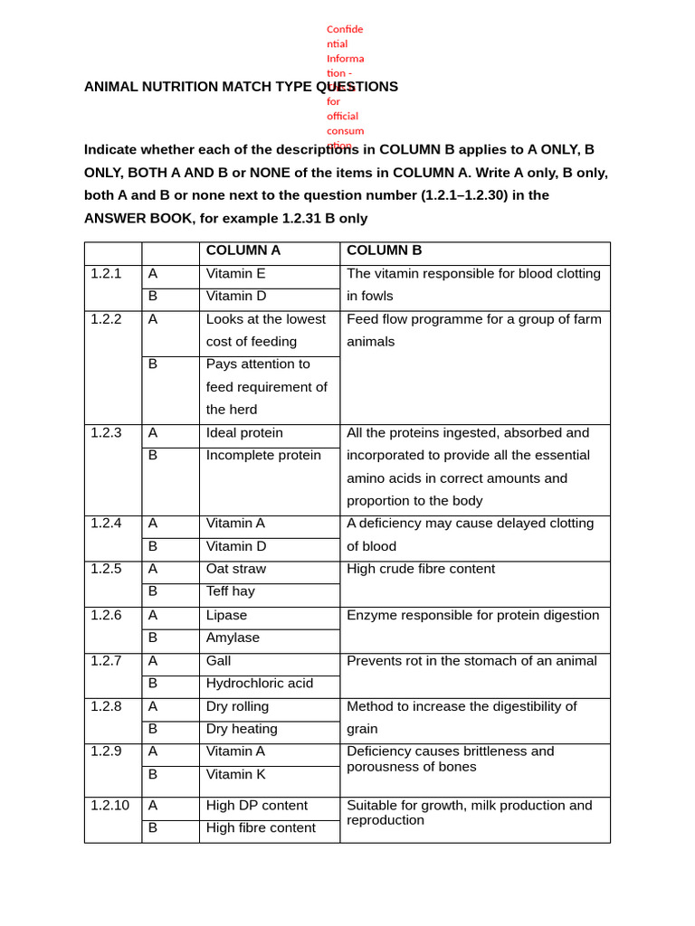 Animal Nutrition Match Questions (1.2) | PDF | Digestion | Nutrients
