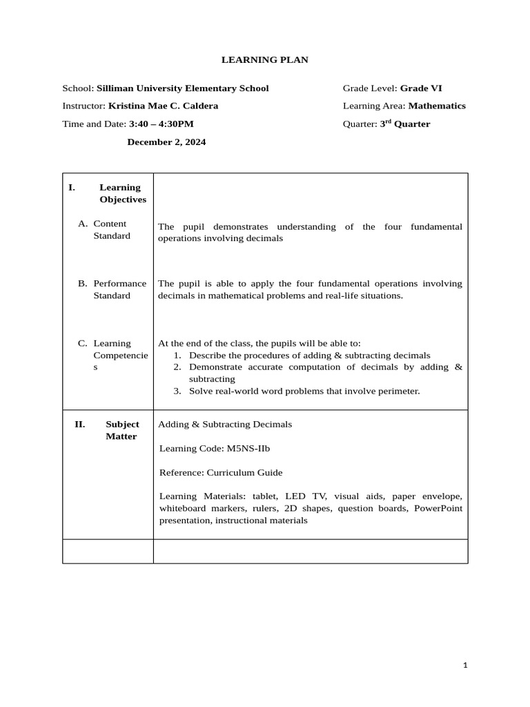 Learning Plan-Grade-6 - Adding&Subtracting-Decimals | PDF | Accuracy ...