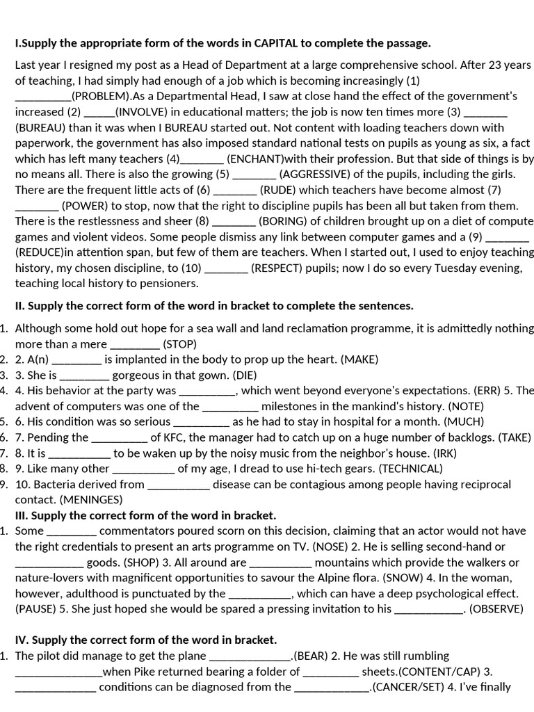 Word Form Exercises for English Proficiency | PDF | Translations | Teachers