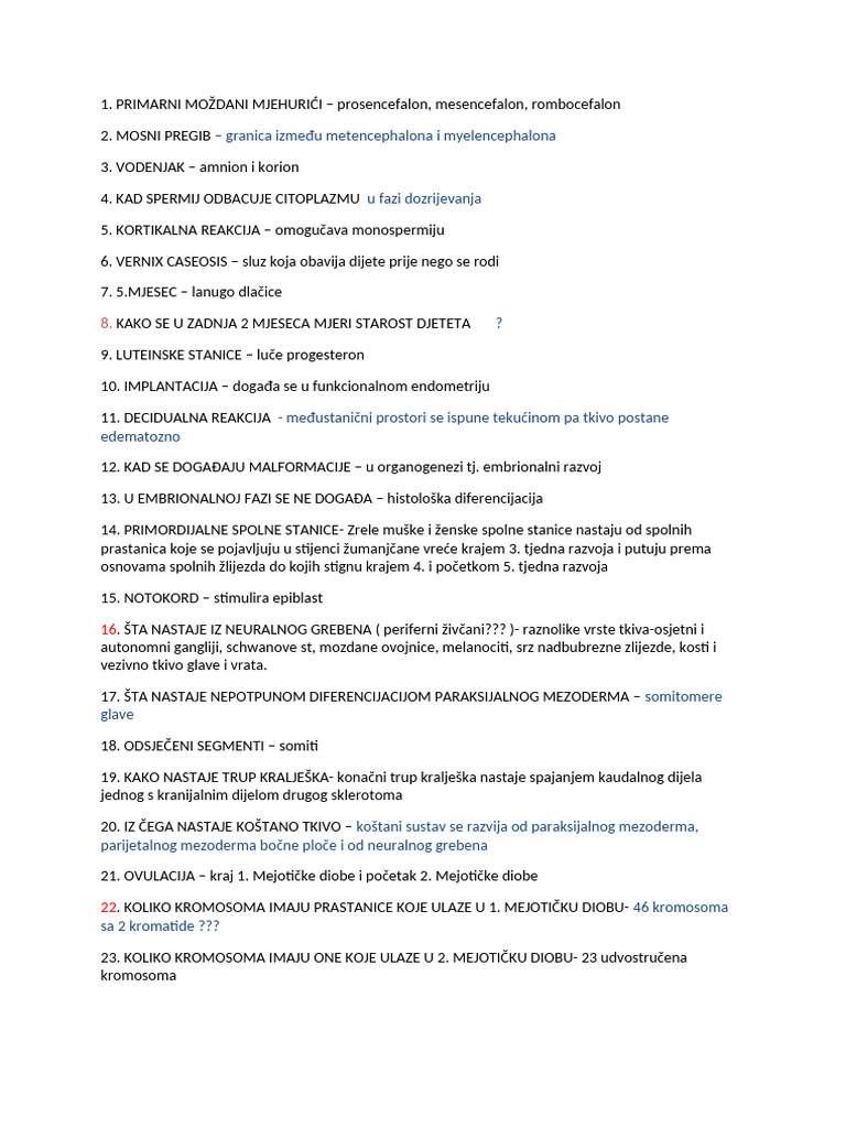 EMBRIOLOGIJA-PITANJA | PDF