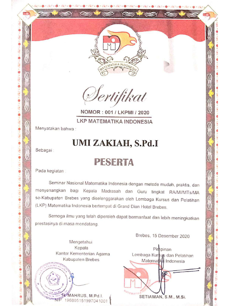 Sertifikat LKP Matrmatika Indonesia | PDF