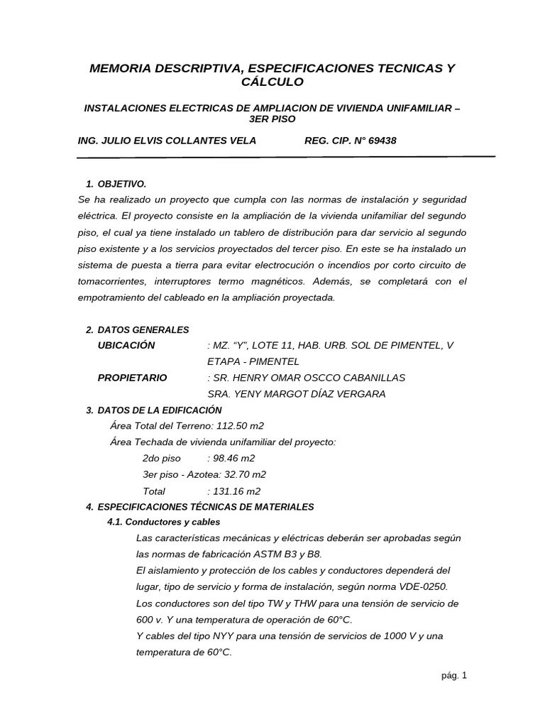 MEMORIA DESCRIPTIVA Y CALCULO electricas | PDF | Cableado eléctrico | Corriente eléctrica