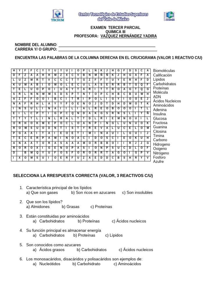 Exmen Tercer Parcial Quimica Iii Word | PDF | Nucleótidos | Carbohidratos