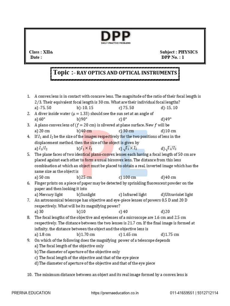 Ray Optics and Optical Instruments DPP 1 | PDF | Refractive Index | Physical Phenomena