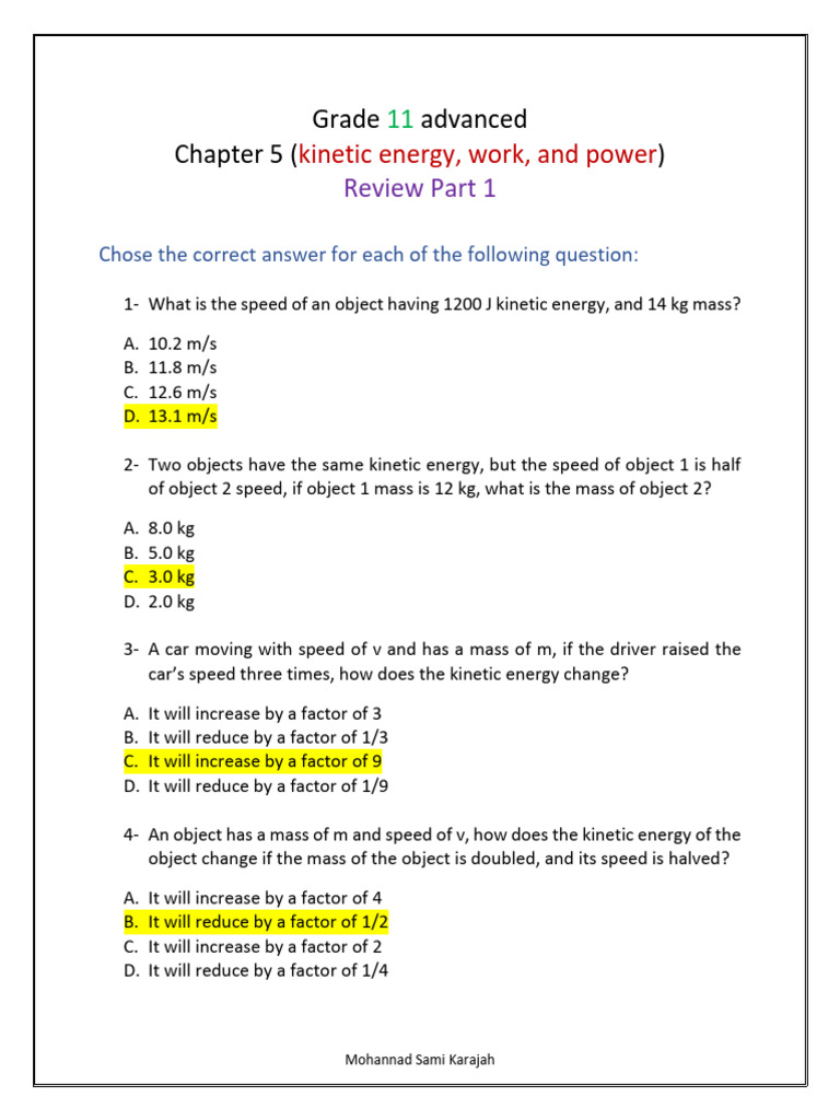 Kinetic Energy and Work Review Quiz | PDF | Force | Mass