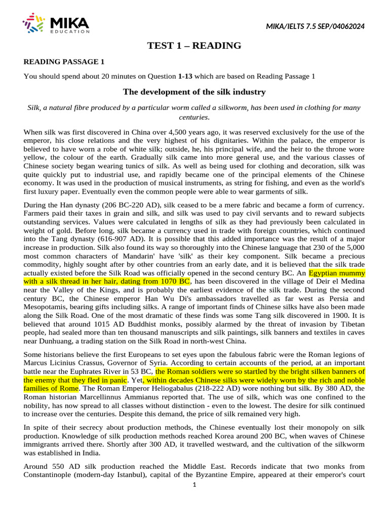 IELTS TEST 1 (read) | PDF | Silk | Weaving