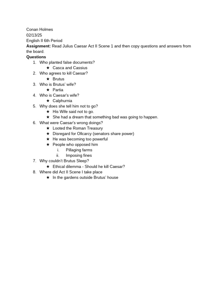 Julius Caesar Act II Scene 1 Q&A | PDF