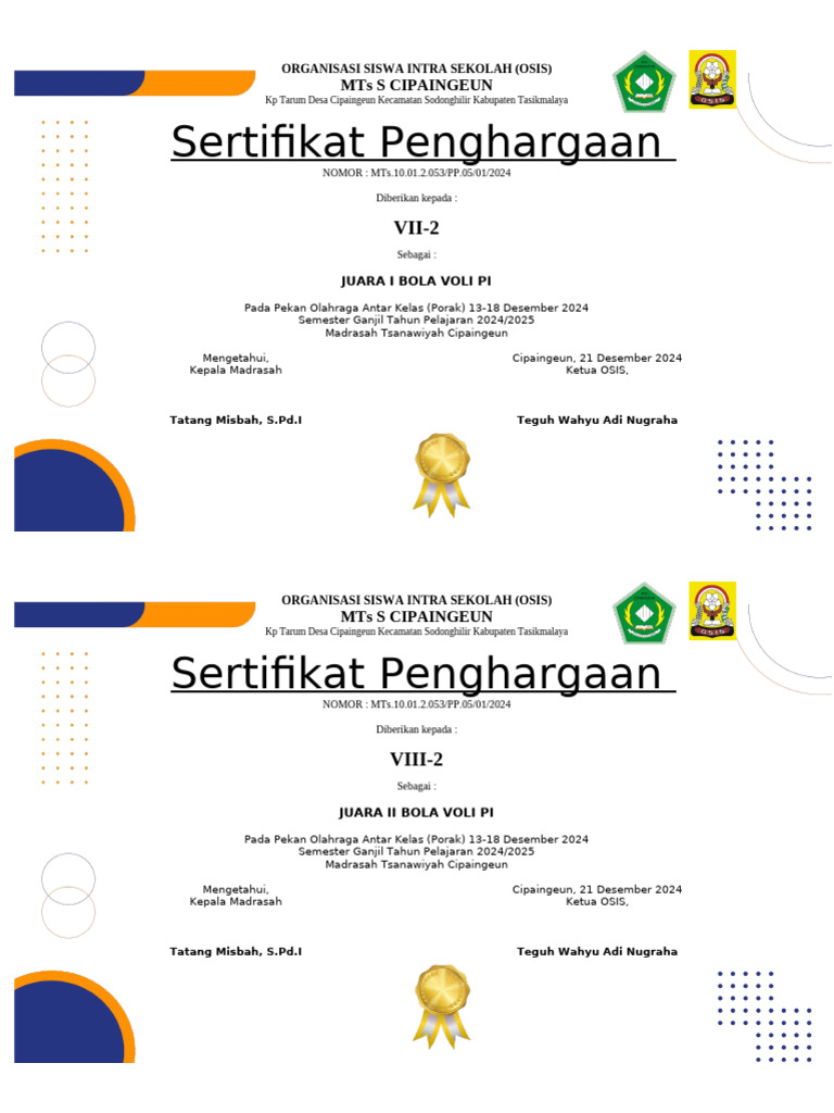 Sertifikat Juara Porak MTs Cipaingeun | PDF