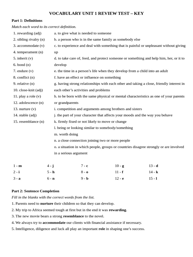 Vocabulary Unit 1 Review Test Key | PDF | Psychological Concepts ...