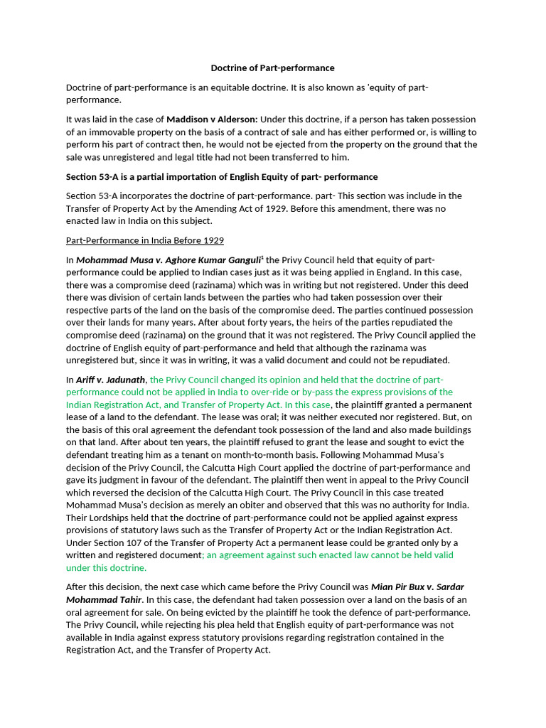 Doctrine of Part - Performance Section 53A | PDF | Property | Equity (Law)