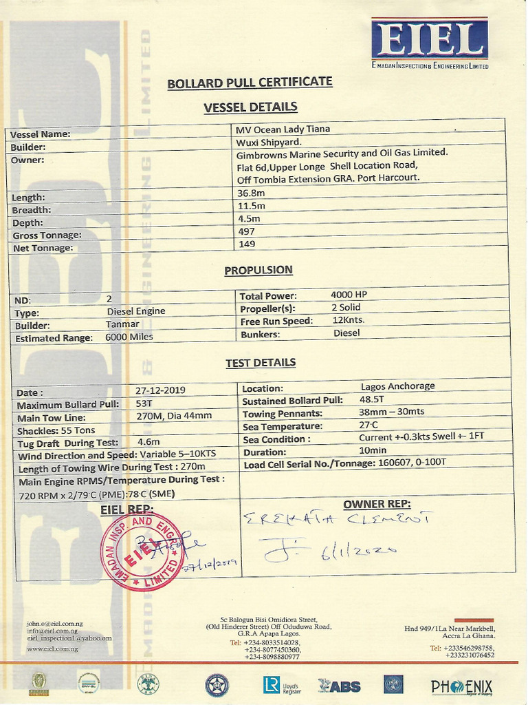 Bollard Pull Certificate (MV Ocean Tiana) | PDF