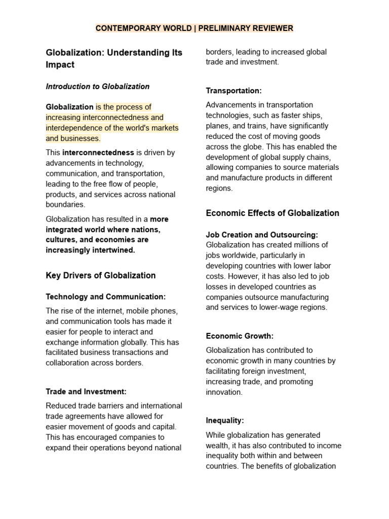 Contemporary World Reviewer | PDF | Globalization | Economies