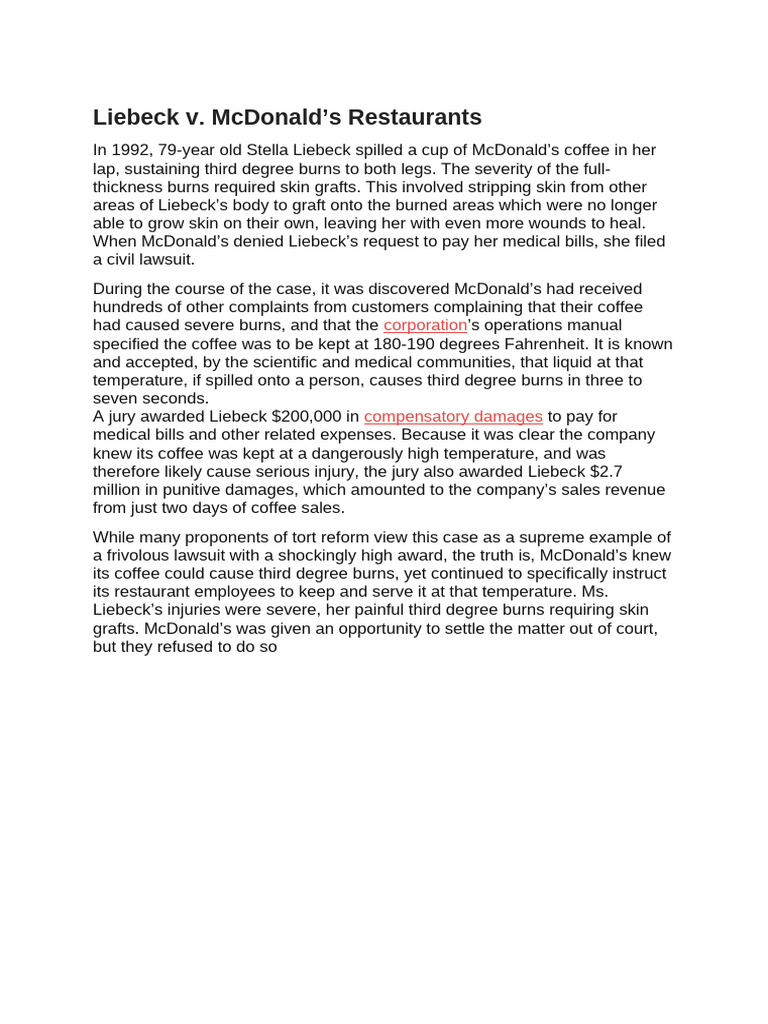 Liebeck v. McDonald's: Coffee Burns Case | PDF