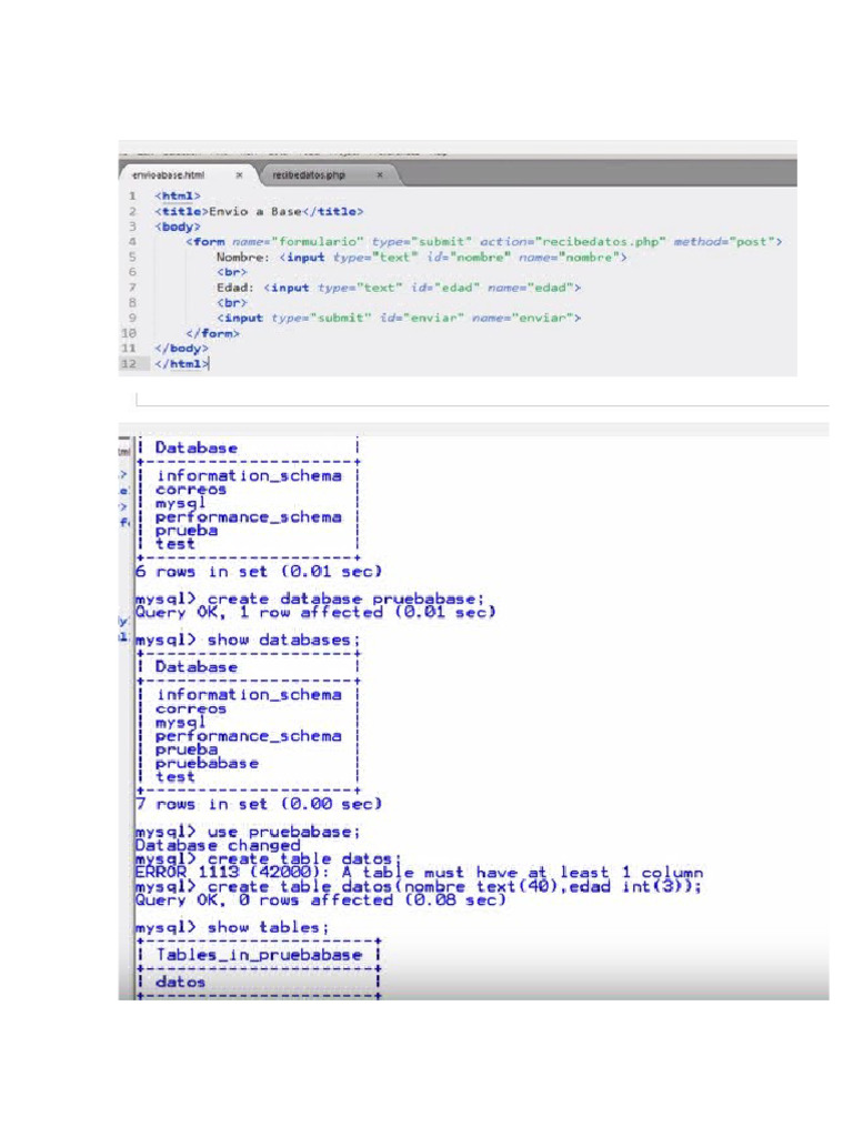 conexion de prueba de base de datos php html mysql | PDF