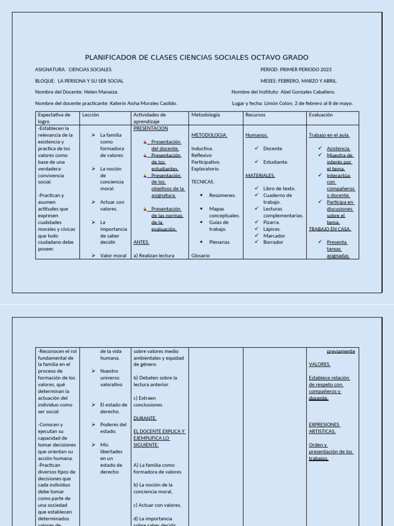 Planificador de Clases Ciencias Sociales Octavo Grado | PDF | Estado ...