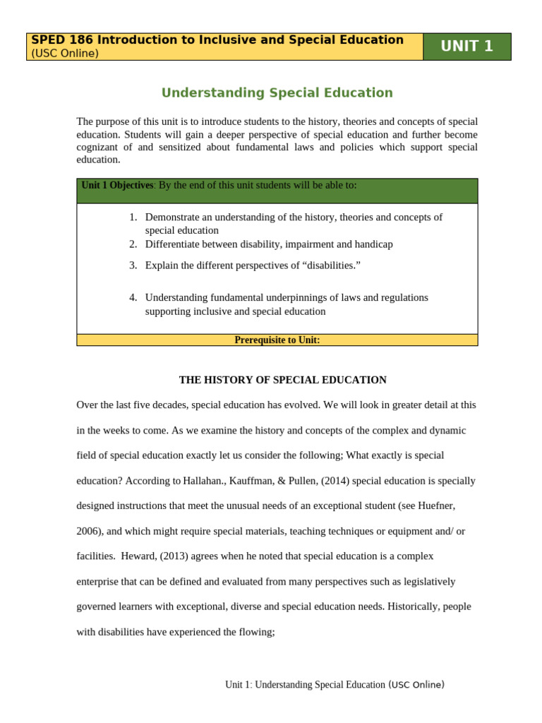 Course Notes -SPED 186 Unit 1 Week 1 | PDF | Special Education | Disability