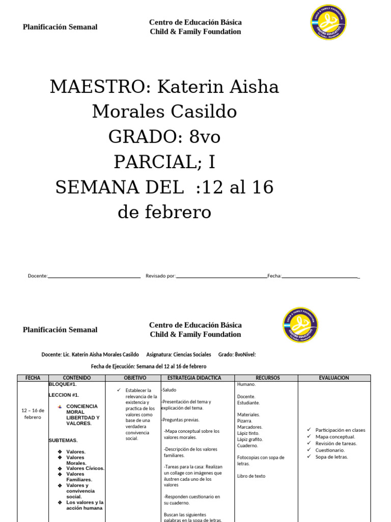 Planificación Semanal 8vo Grado | PDF | Educación primaria | Maestros