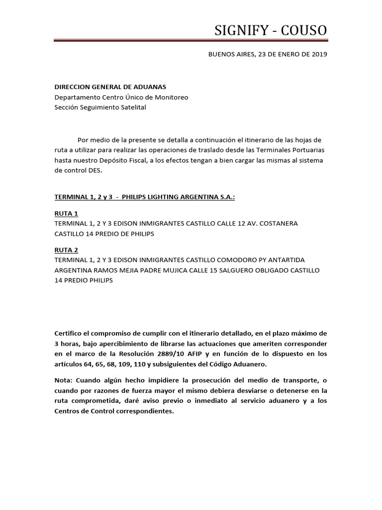 Itinerario Aduanero de Signify-Couso | PDF