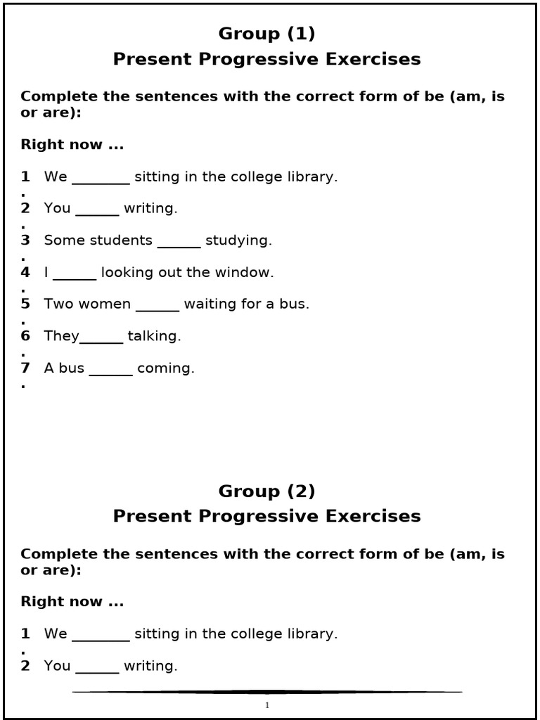 Present Progressive Sentence Exercises | PDF