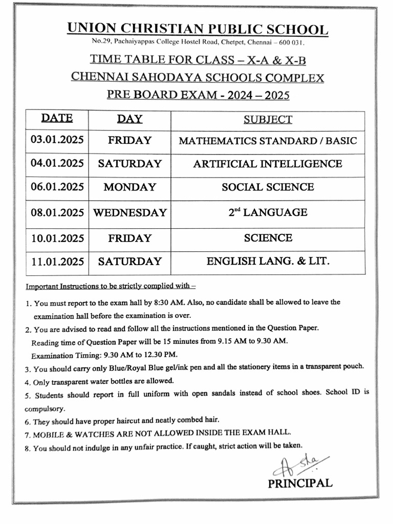 Class X Pre-Board Exam Schedule | PDF