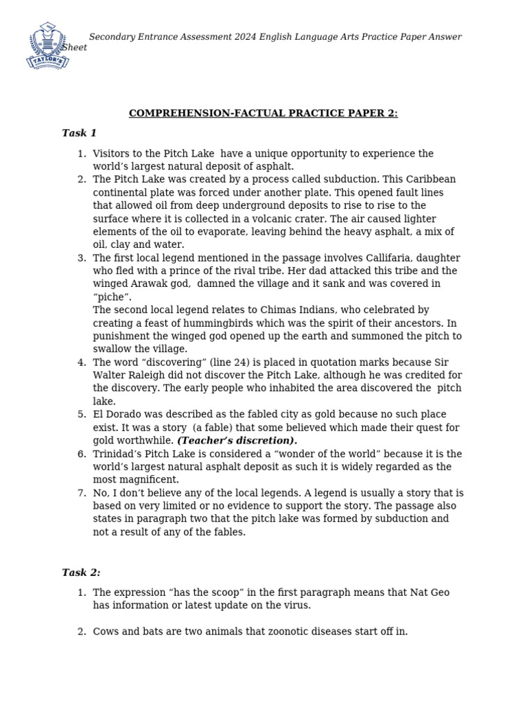 Tpa Comprehension 1 &2 Answer Sheets | PDF