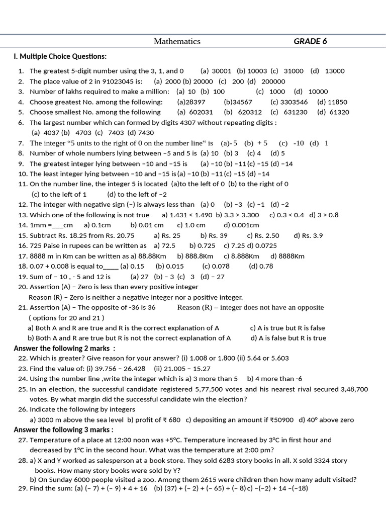 Grade 6 Mathematics MCQs and Problems | PDF