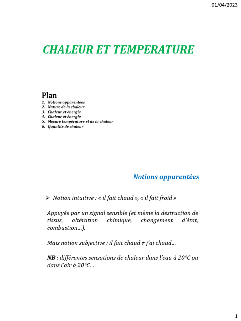 Chaleur et Température : Notions Clés | PDF | Température | Transfert ...