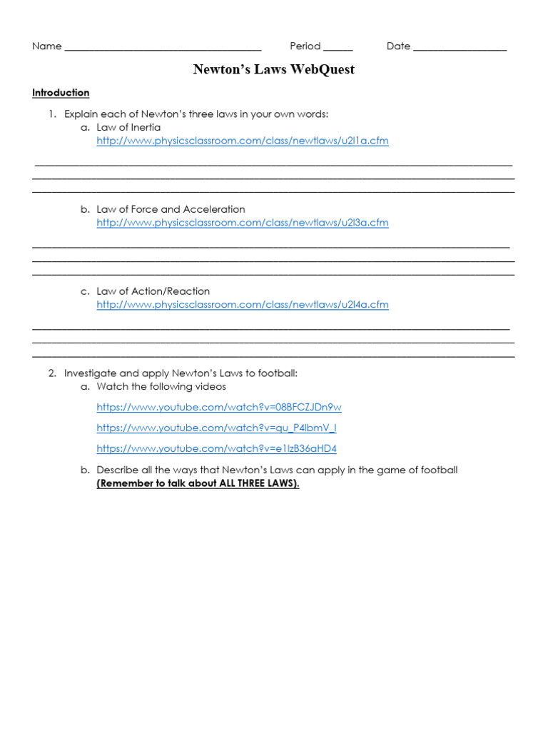 Newtons Laws Webquest | PDF | Force | Newton's Laws Of Motion