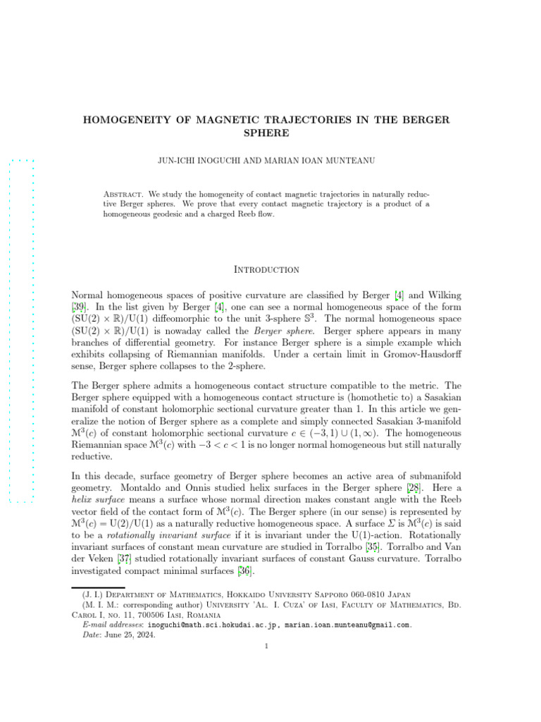 Homogeneity of Magnetic Trajectories in The Berger | PDF | Topological ...