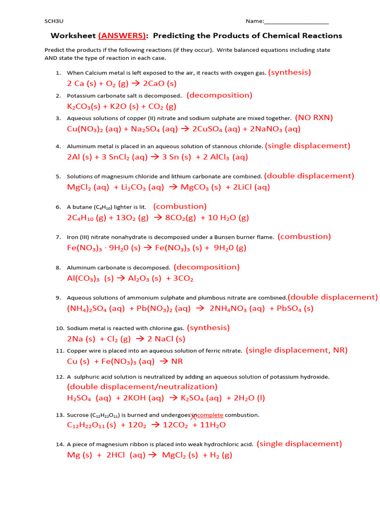SCH3U Predicting Products Worksheet - ANSWERS | PDF | Nitrate | Magnesium