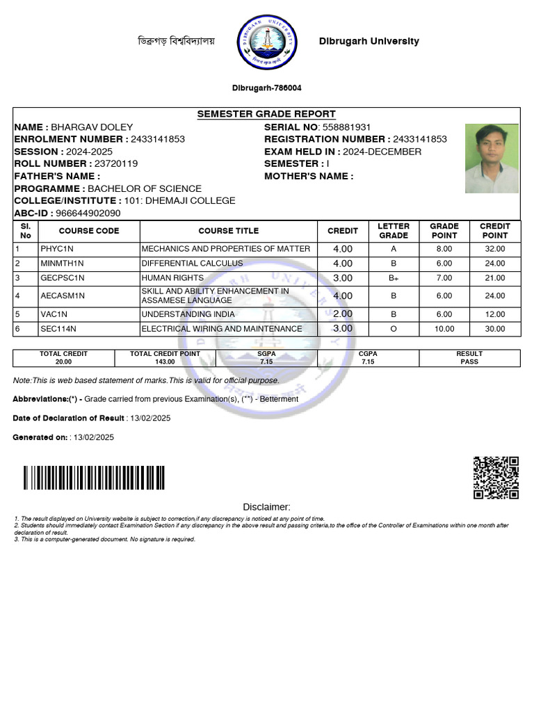 Bachelor of Science YearSession 2024-2025-DeCEMBER-24ODD REGULAR Term 1 ...
