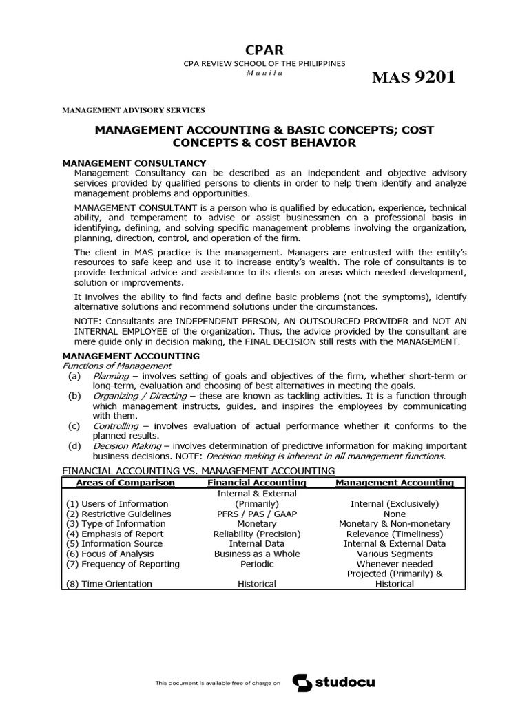 MAS 9201 Management Accounting Basic Concepts COST Concepts COST Behavior | PDF | Linear ...