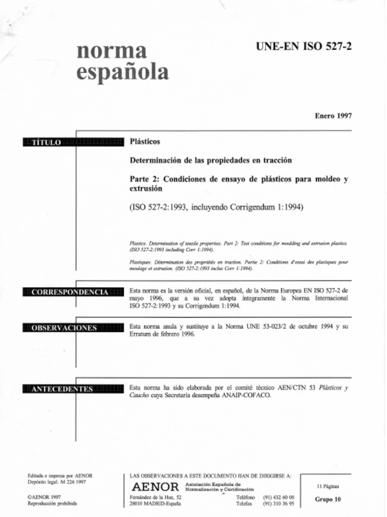 UNE-En ISO 527-2 (Norma Reducida) | PDF