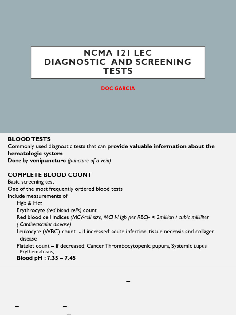 Ncma 121 Diagnostic & Screening Test | PDF | Blood | Red Blood Cell