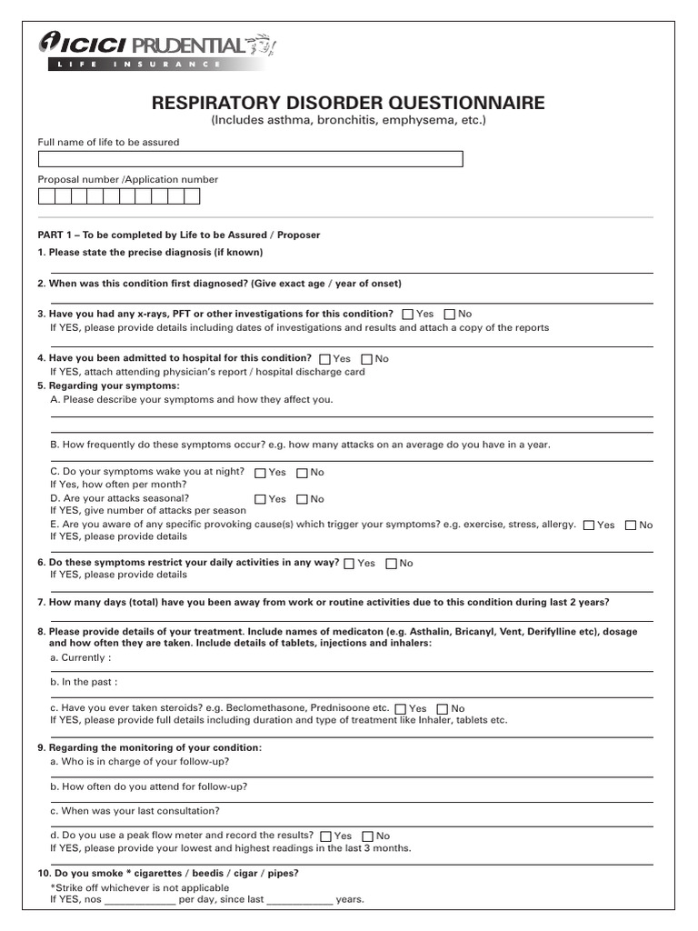 Respiratory Disorder Insurance Questionnaire | PDF | Chronic ...