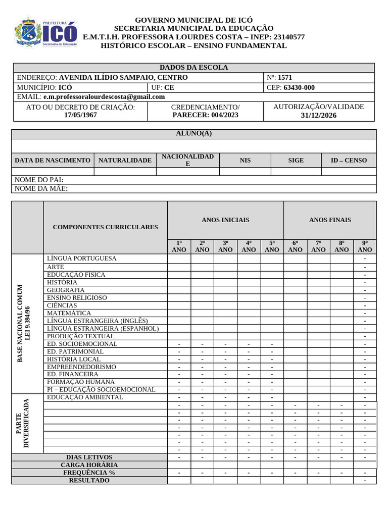 Histórico Escolar Ensino Fundamental Icó | PDF