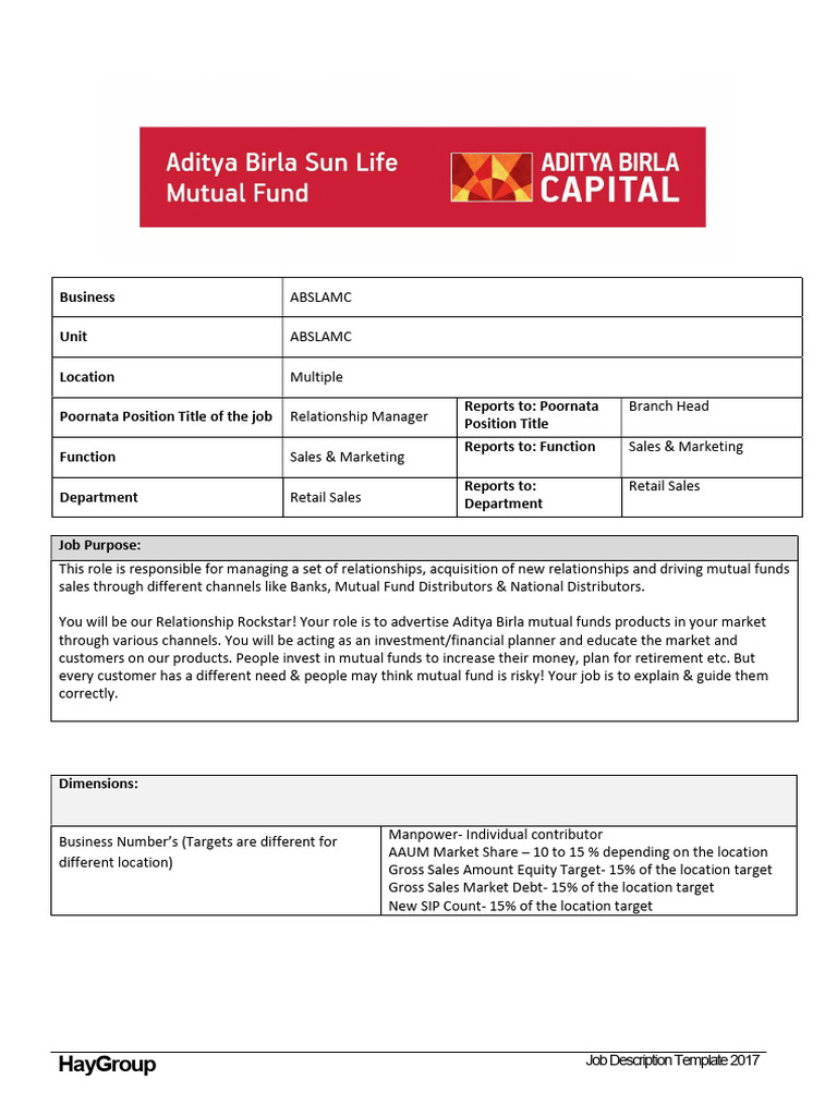 JD - Relationship Manager-Aditya Birla | PDF | Sales | Banks