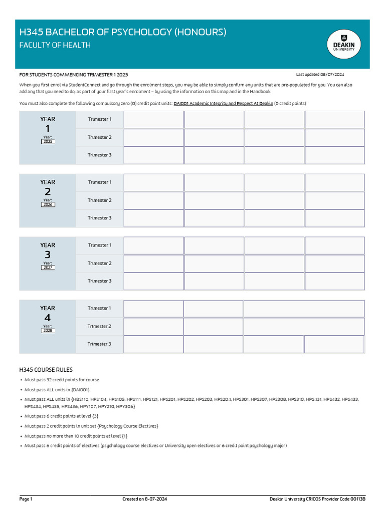 H345-2025-T1-coursemap | PDF | Psychology | Behavioural Sciences