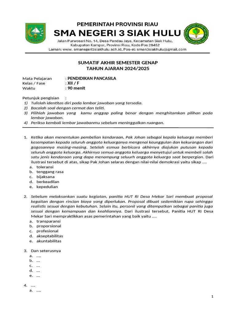 Template Soal SAS Genap 2024-2025 | PDF
