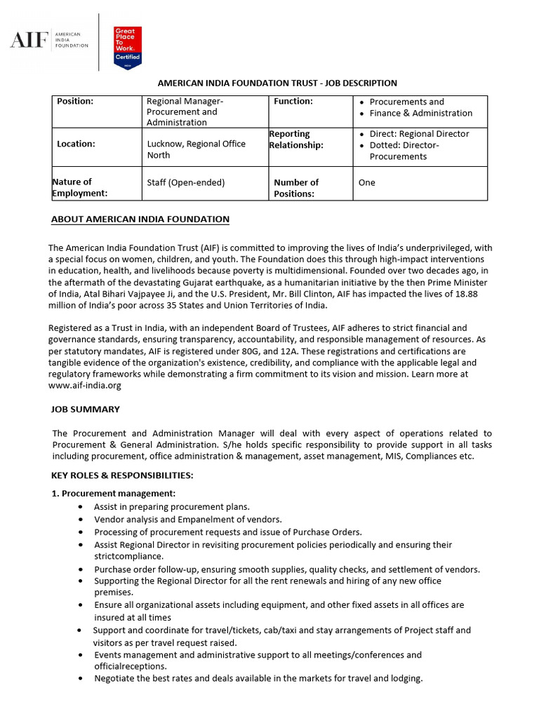 JD Regional-Manager Procurement Administration | PDF | Procurement | Skill