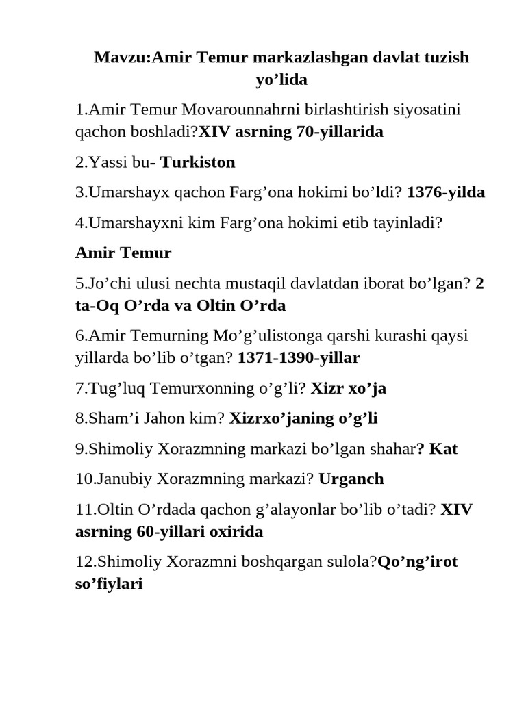 Amir Temur Markazlashgan Davlat Tuzish Yo'lida | PDF