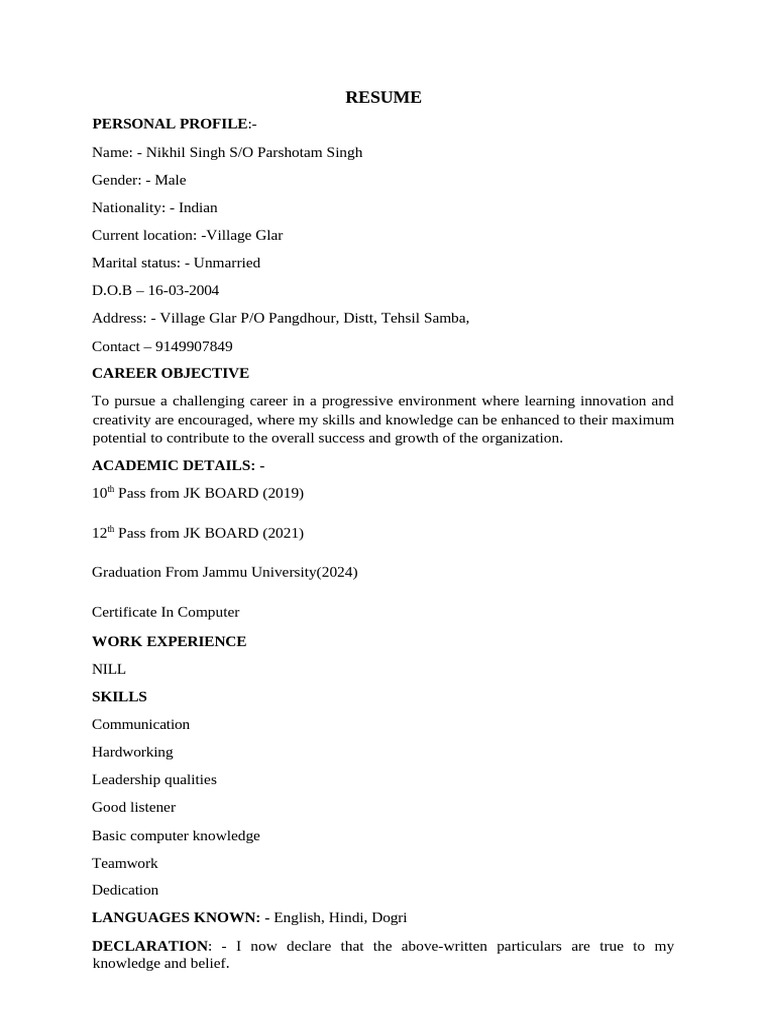 Nikhil Singh's CV Summary | PDF