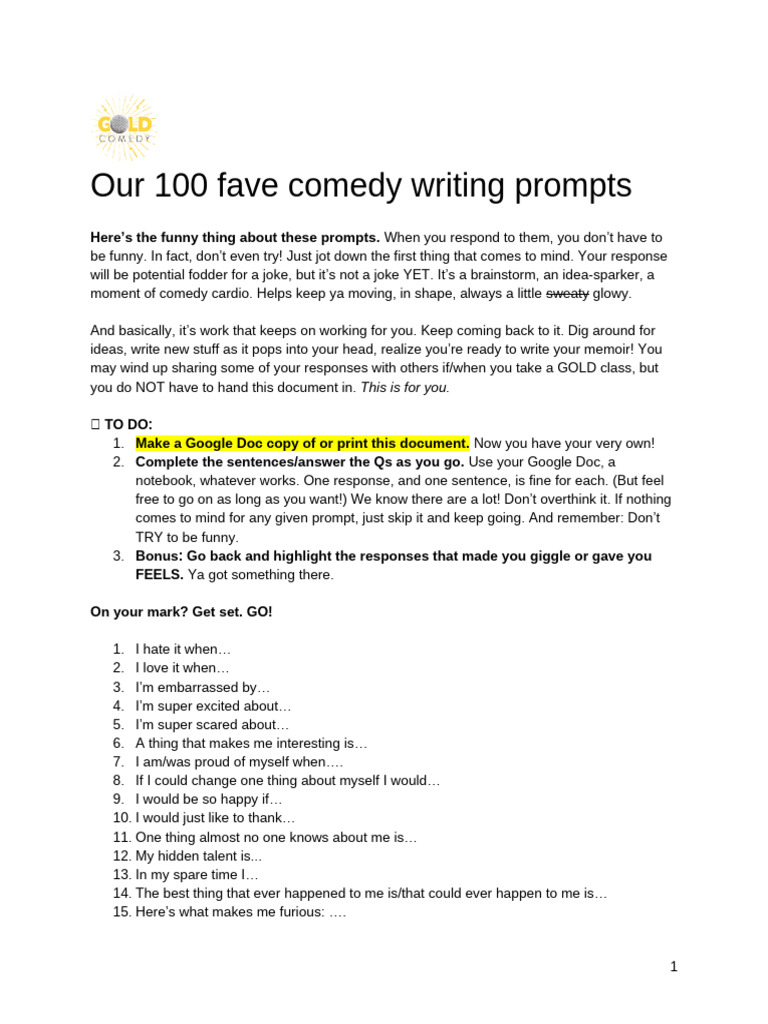 GOLD Comedy's 100 Fave Writing Prompts | PDF